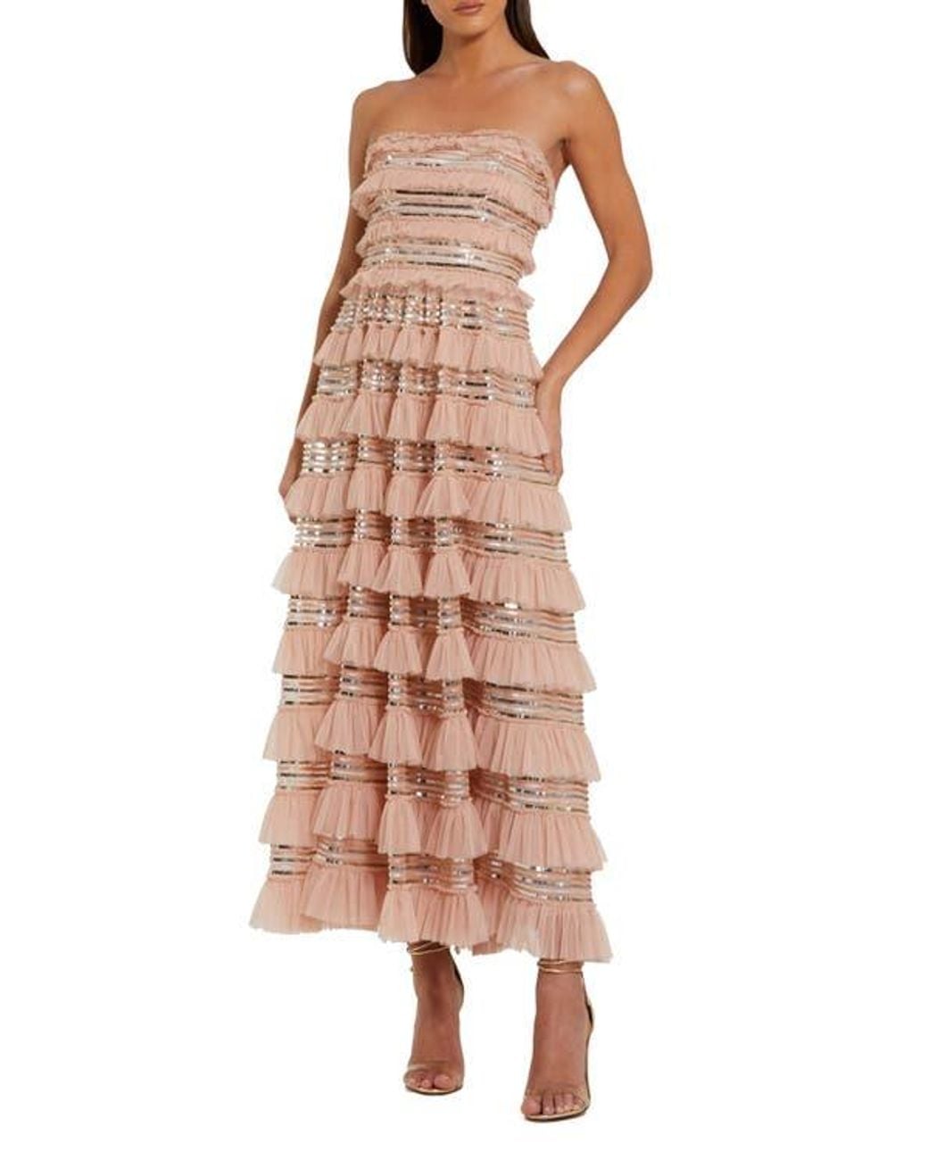 Mac Duggal Strapless Sequin Micro Ruffle Maxi Dress | Lyst
