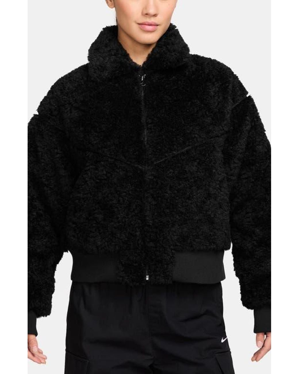 Nike Essential Faux Fur Bomber Jacket in Black | Lyst