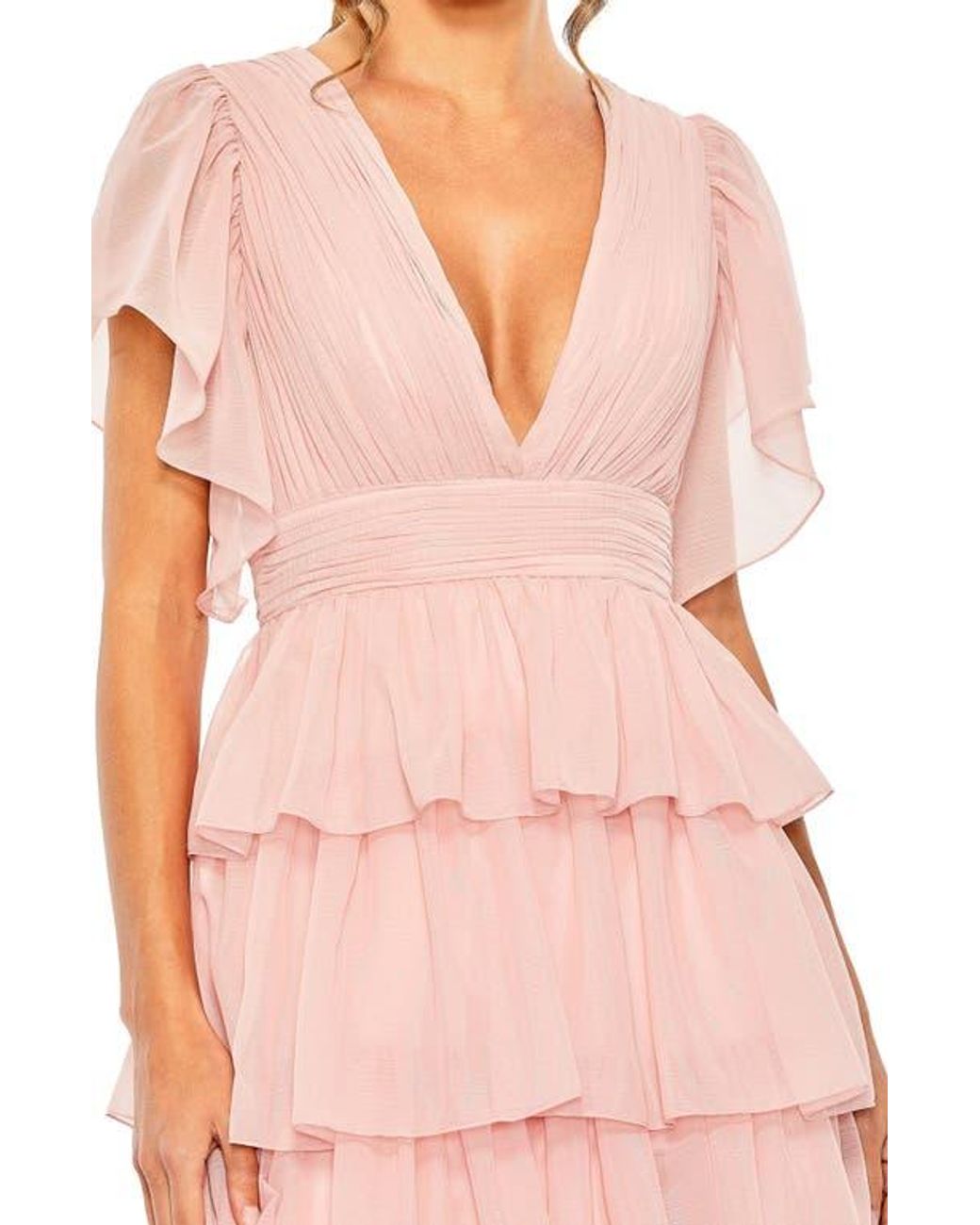 Mac Duggal Flutter Sleeve Tiered Ruffle Chiffon Gown in Pink | Lyst