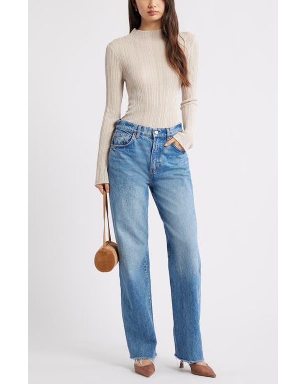 Open Edit Open Stitch Linen Blend Mock Neck Sweater in Blue | Lyst