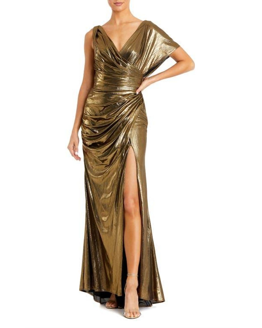 Mac Duggal Asymmetrical Draped Metallic Trumpet Gown | Lyst