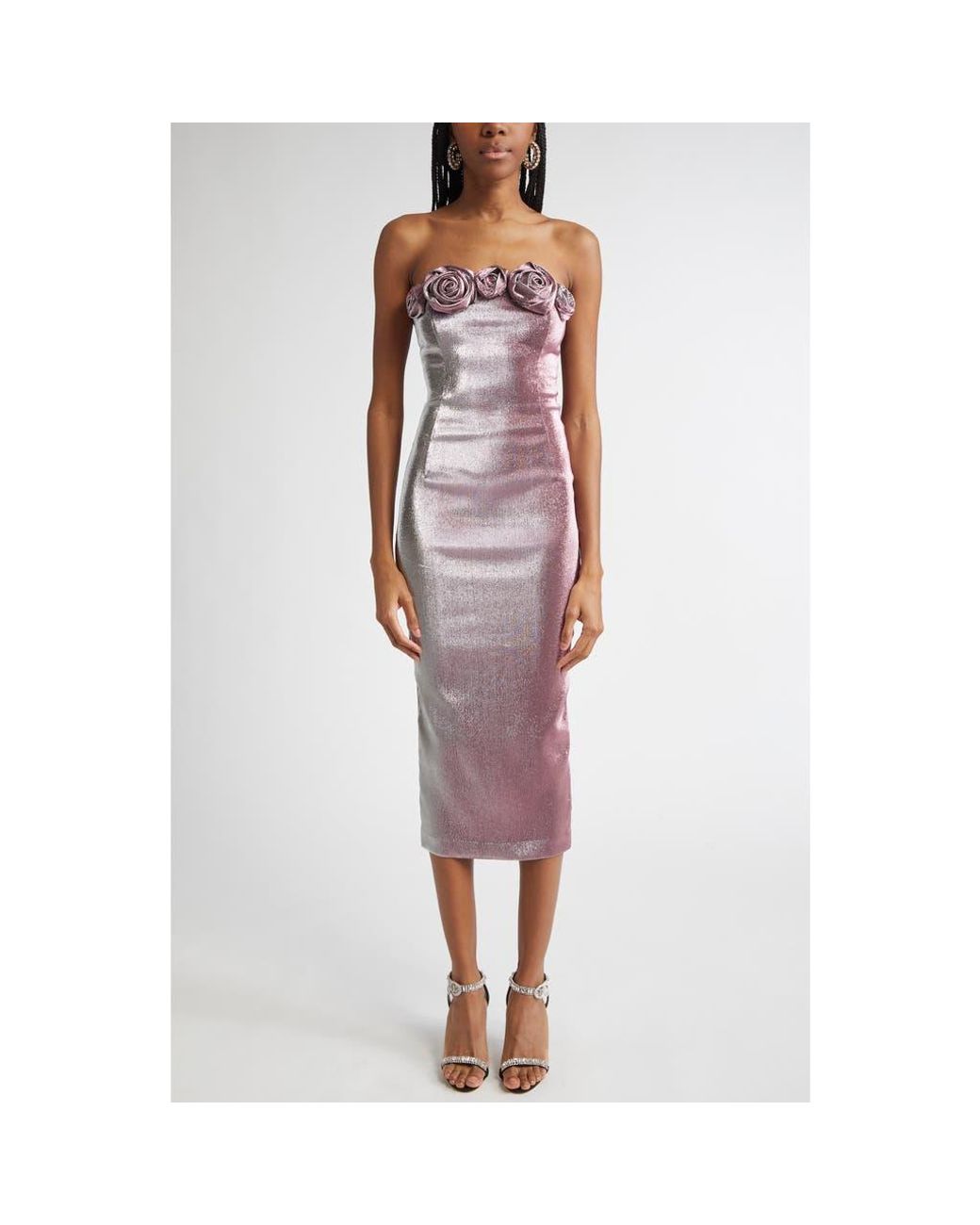Area Rosette Metallic Stretch Lamé Strapless Midi Dress | Lyst