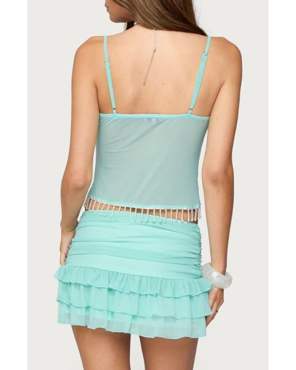 Edikted Enya Beaded Fringe Sheer Mesh Top in Blue | Lyst