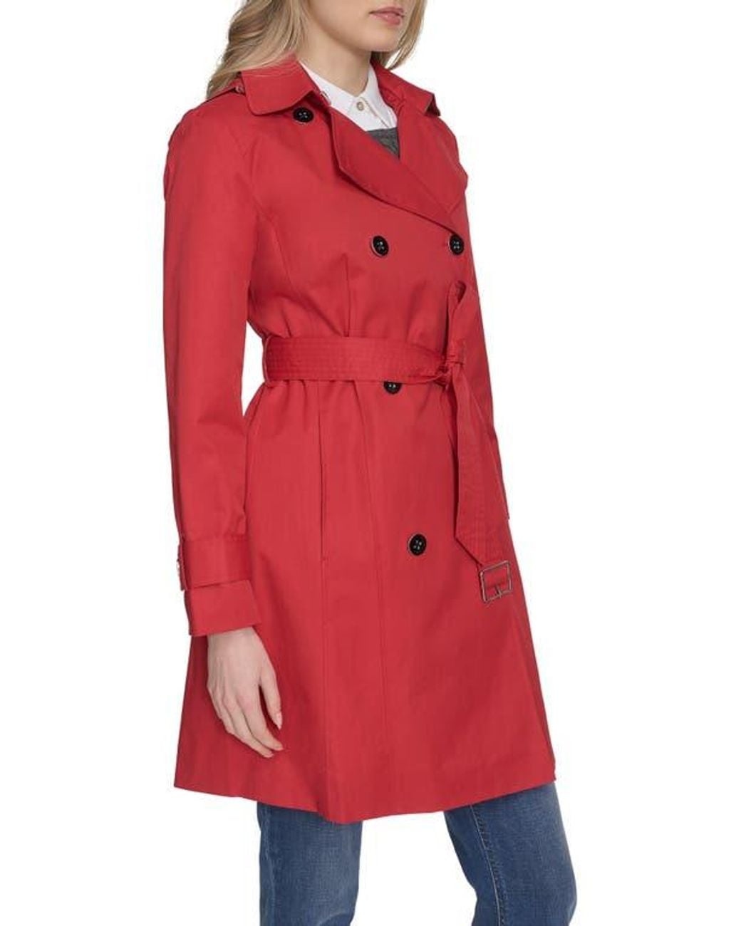 Cole Haan Water Resistant Trench Coat With Removable Hood in Red | Lyst