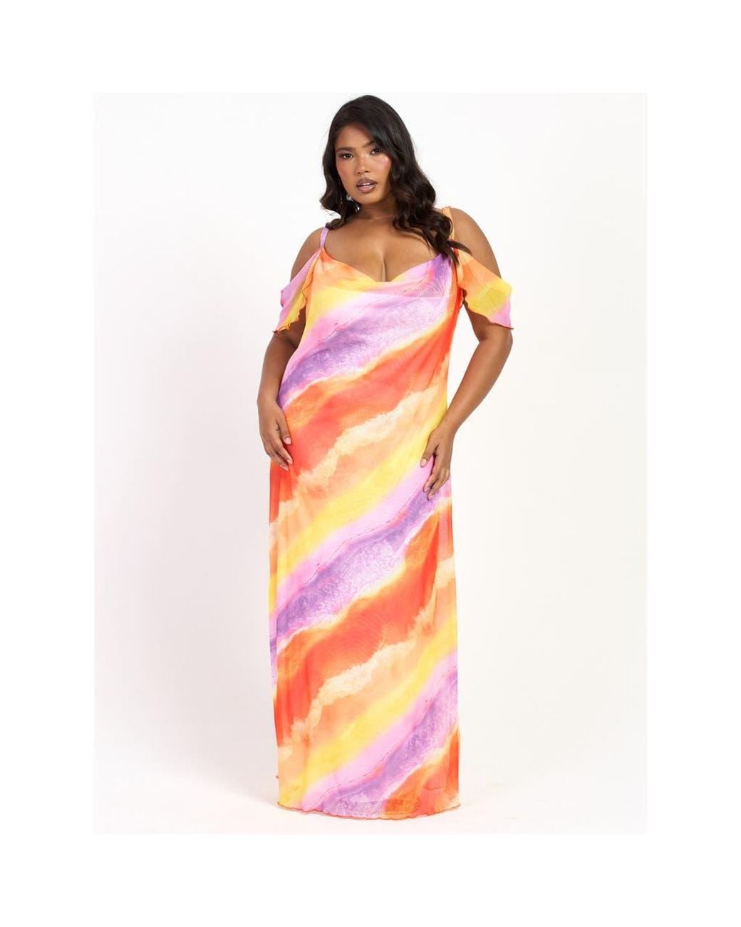 FASHION-SZN CURVE Cold Shoulder Marble Print Maxi Dress in Orange | Lyst