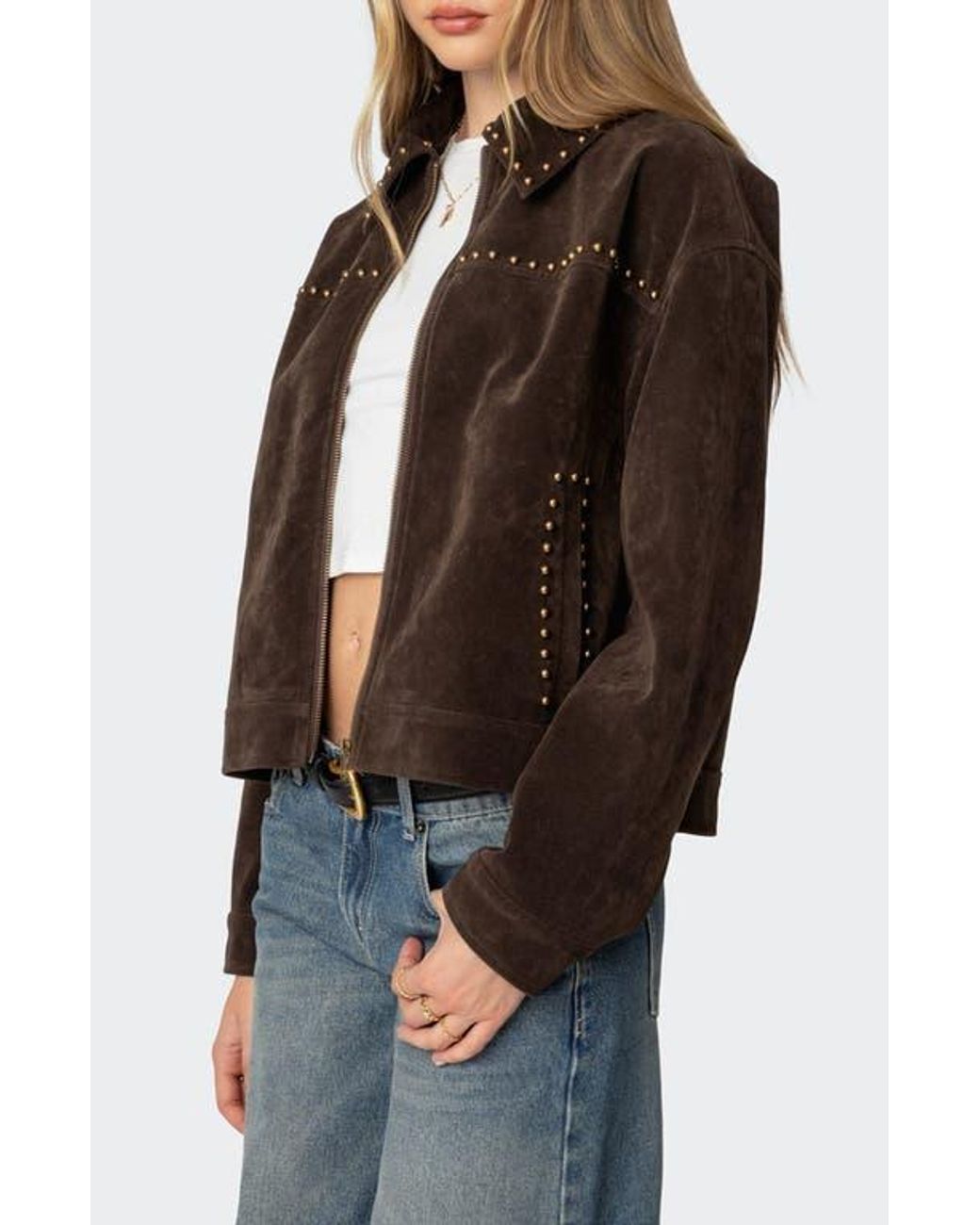 Edikted Memphis Studded Faux Suede Jacket in Black | Lyst