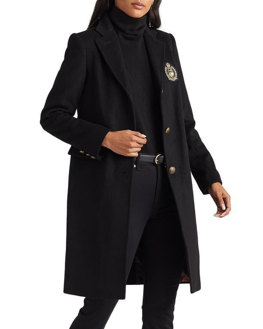 Ralph Lauren Crest Patch Wool Blend Reefer Coat in Black | Lyst