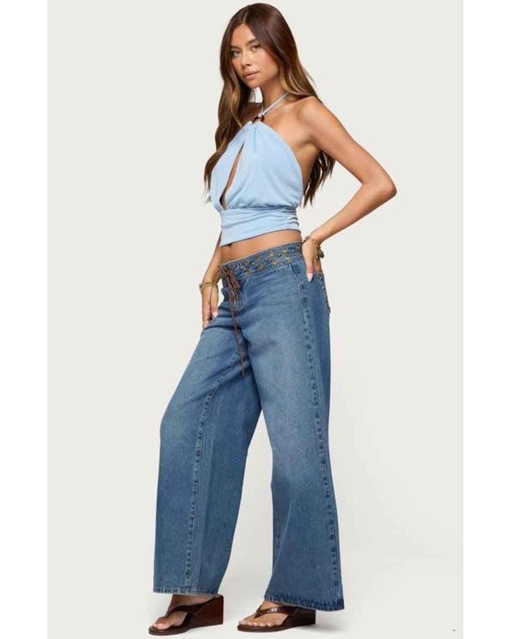 Edikted Khalia Cutout Open Back Crop Halter Top in Blue | Lyst