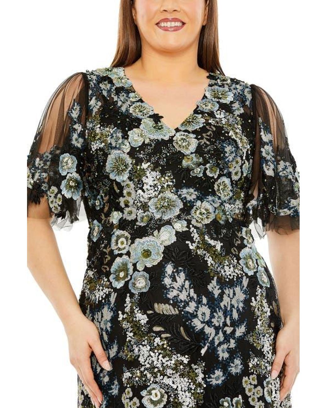 Mac Duggal Sheer Sleeve V Neck Floral Embroidered Gown | Lyst