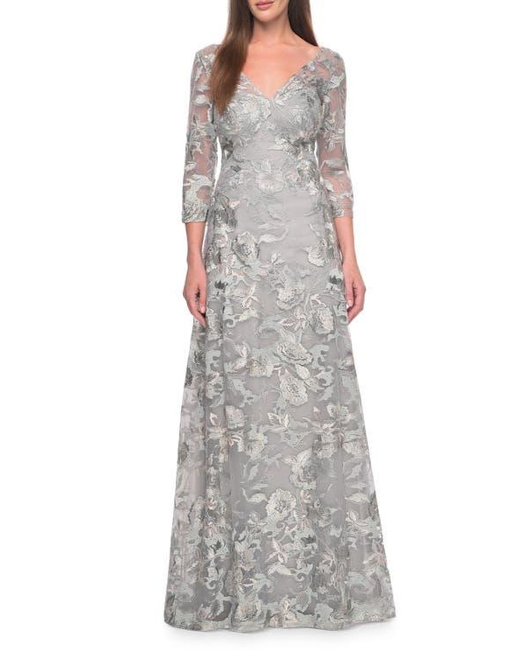 La Femme Unique Lace Mother Of The Bride Gown With Sleeves in Gray | Lyst