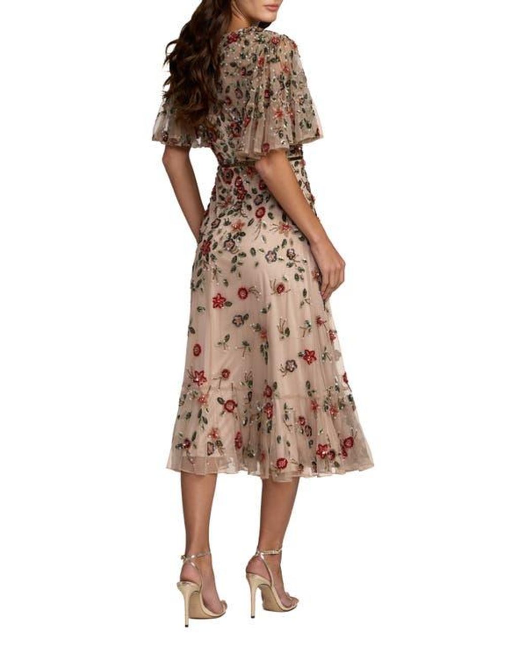 Mac Duggal Floral Embellished Flutter Sleeve Midi Dress in Brown | Lyst