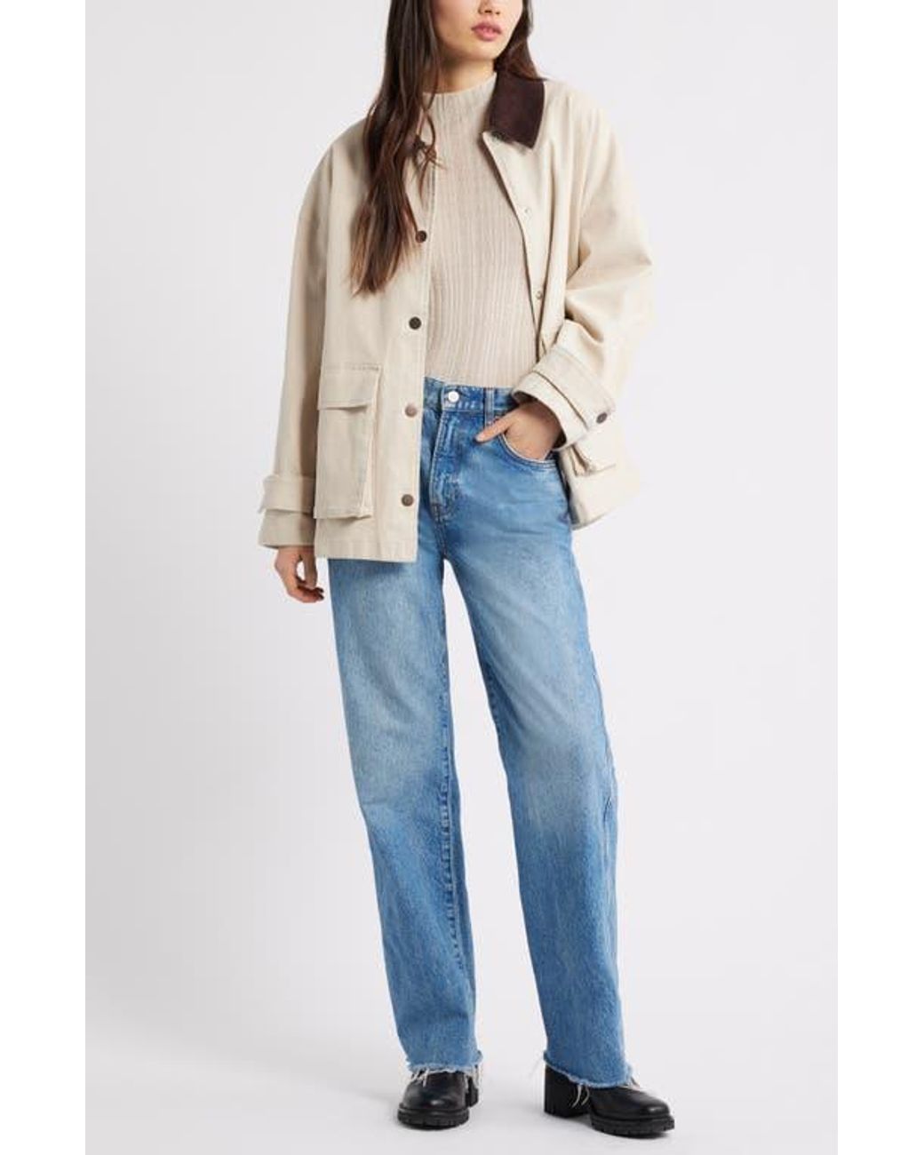 Open Edit Open Stitch Linen Blend Mock Neck Sweater in Blue | Lyst