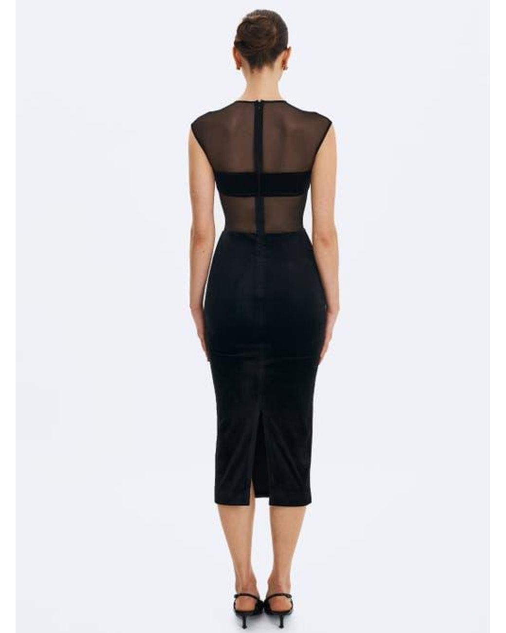 Miss Circle Quielle Mesh And Velvet Midi Bodycon Dress in Blue | Lyst