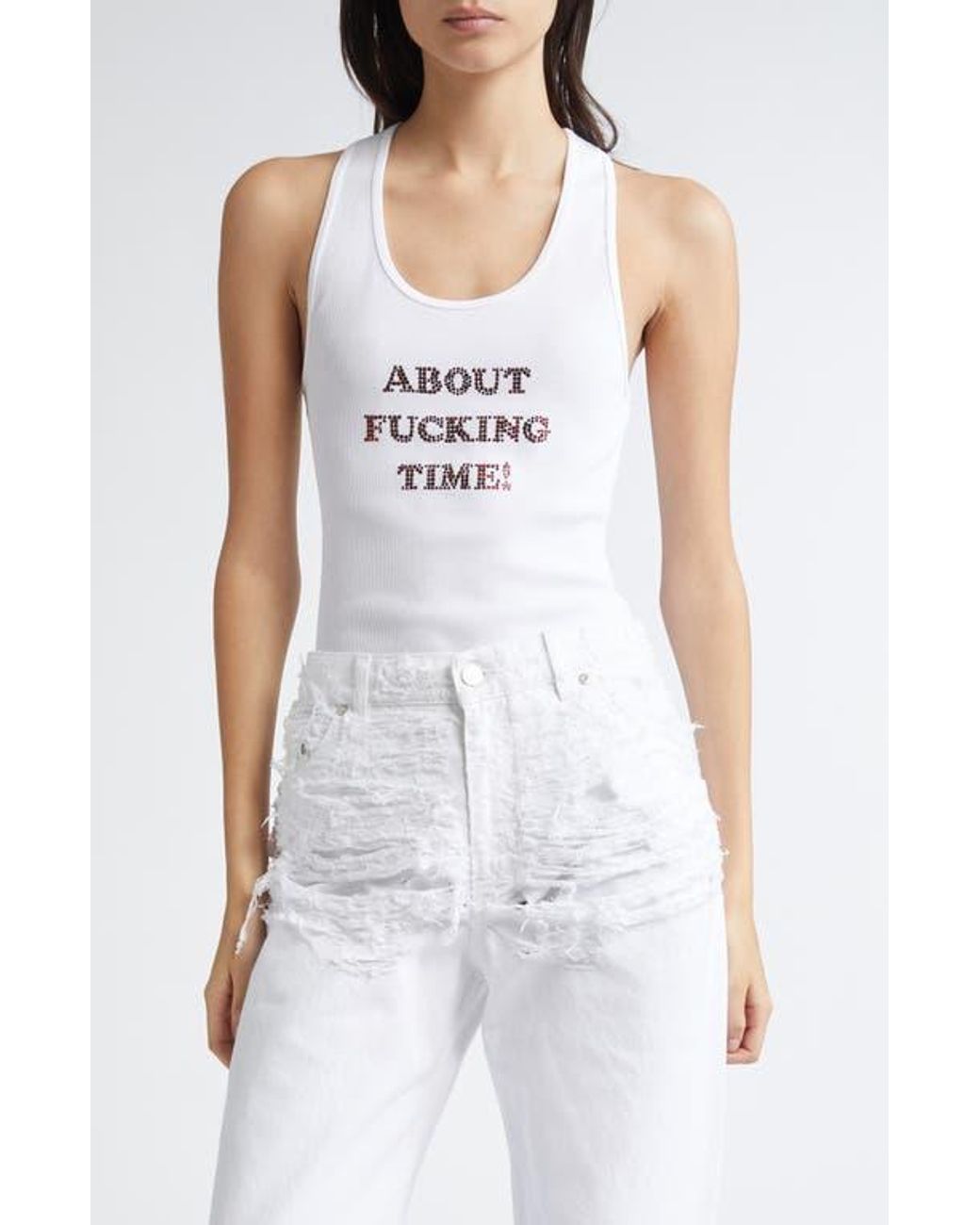 Stella McCartney About F**King Time Rhinestone Rib Tank in White | Lyst