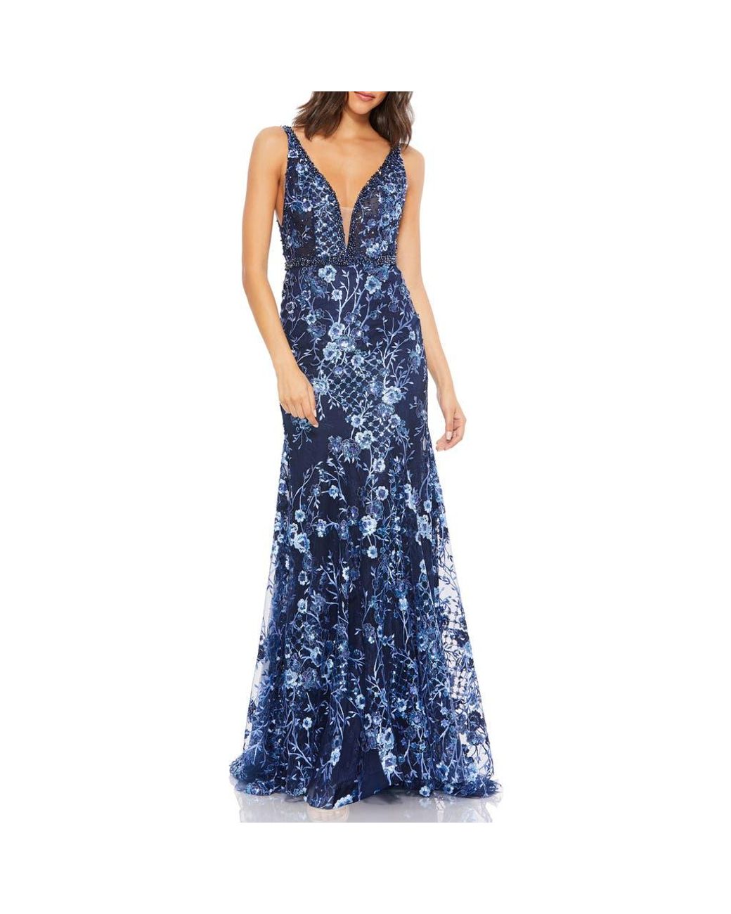 Mac Duggal Floral Embellished Sleeveless Plunge Neck Gown in Blue | Lyst