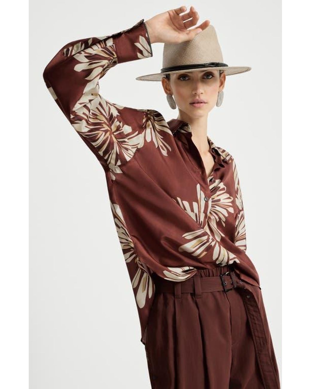 Brunello Cucinelli Bloom Print Pongee Shirt in Red | Lyst