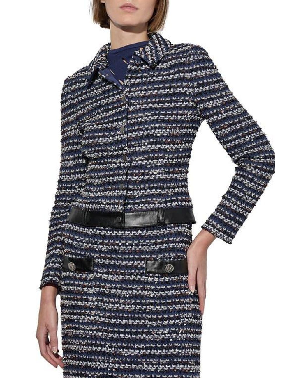 Ming Wang Multi-Stitch Snap Front Tweed Jacket in Blue | Lyst
