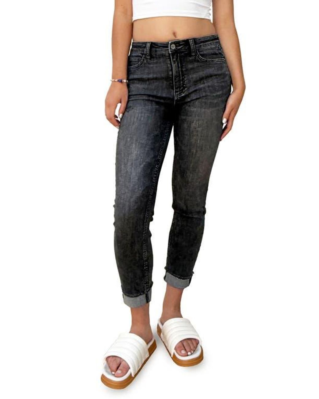 HINT OF BLU Cuffed Crop Skinny Jeans in Black | Lyst