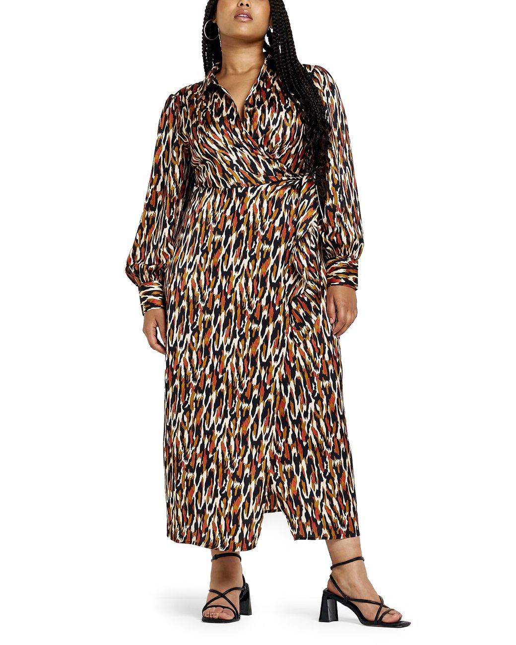 River Island Avril Long Sleeve Faux Wrap Satin Maxi Dress In Brown Lyst