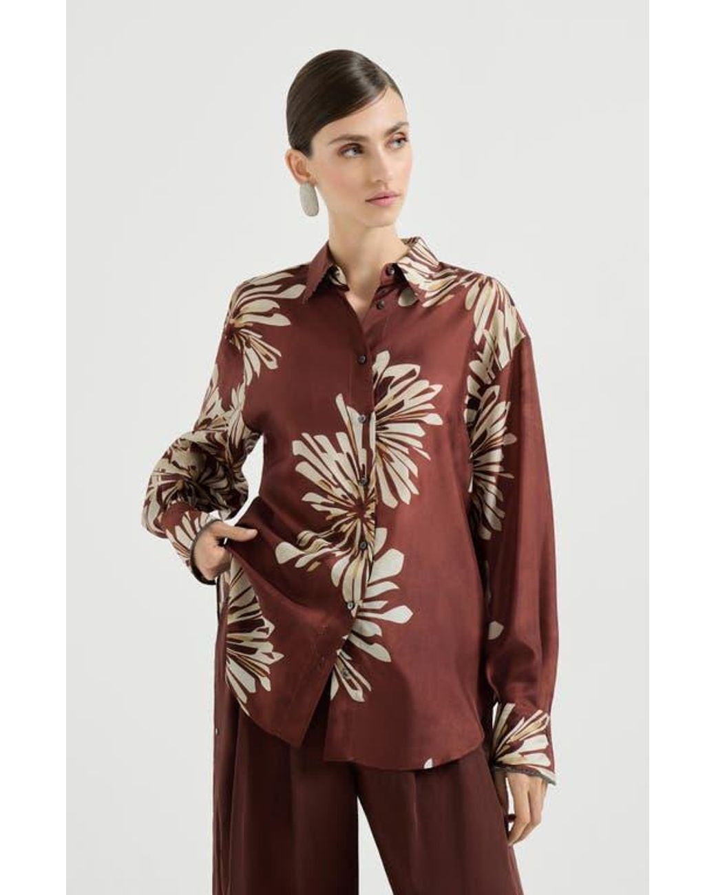 Brunello Cucinelli Bloom Print Pongee Shirt in Red | Lyst