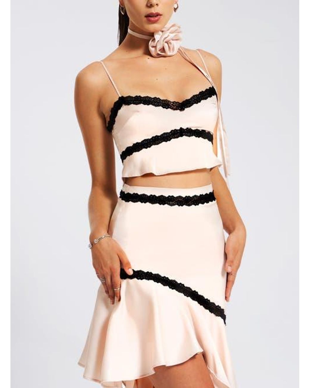 Miss Circle Yahvi Lace Trim Satin Skirt in Natural | Lyst