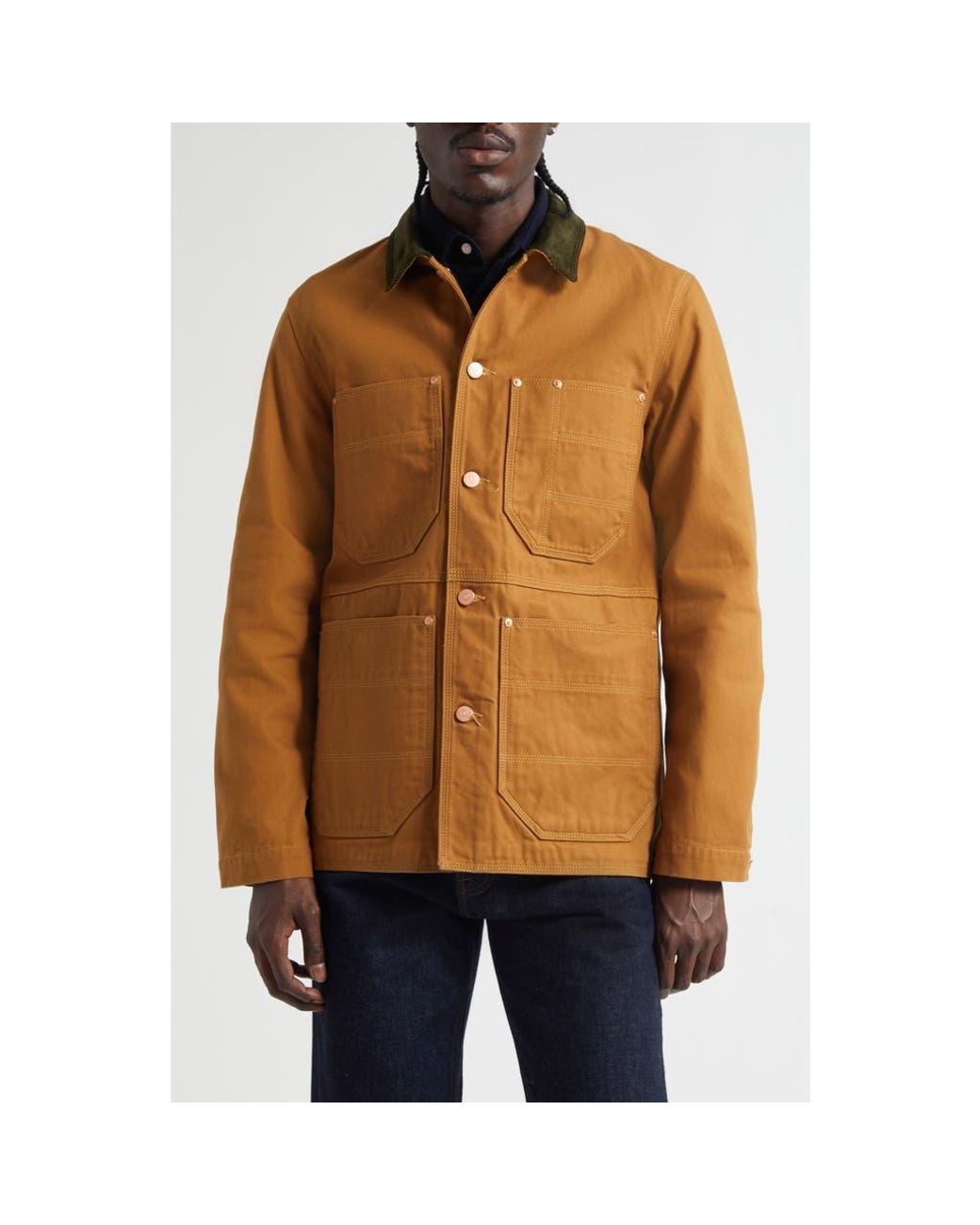Drake's Check Lined Cotton Canvas Welder Chore Jacket in Brown for Men ...