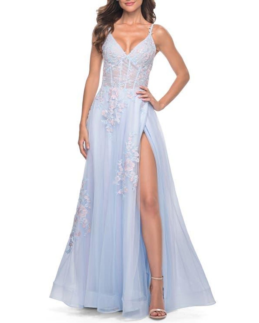 La Femme A-Line Tulle Prom Dress With Scattered Lace Applique in Blue ...