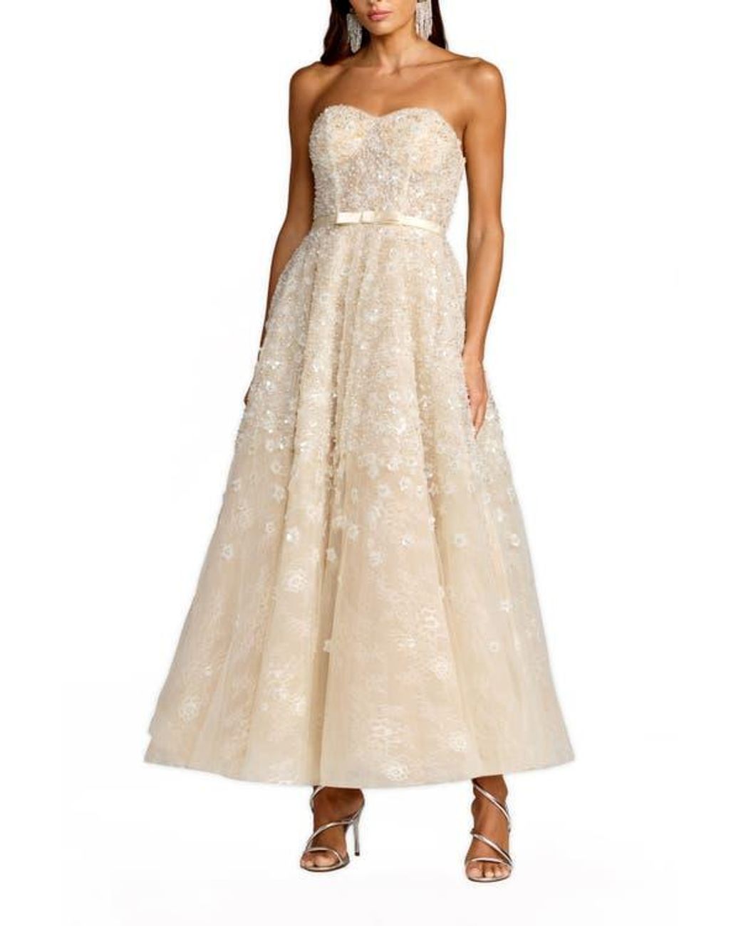 Mac Duggal Sequin Floral Strapless A Line Midi Dress in Natural | Lyst
