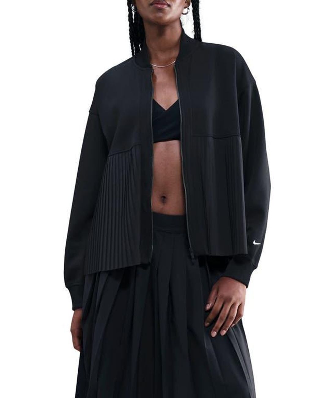 Nike Sportswear Mixed Media Pleated Bomber Jacket in Blue | Lyst