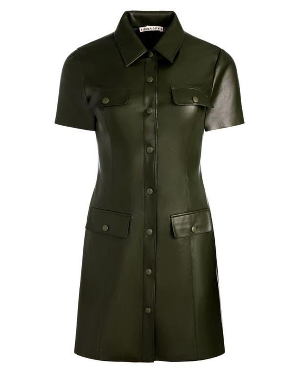 Alice + Olivia Jamie Faux Leather Mini Shirtdress in Green | Lyst