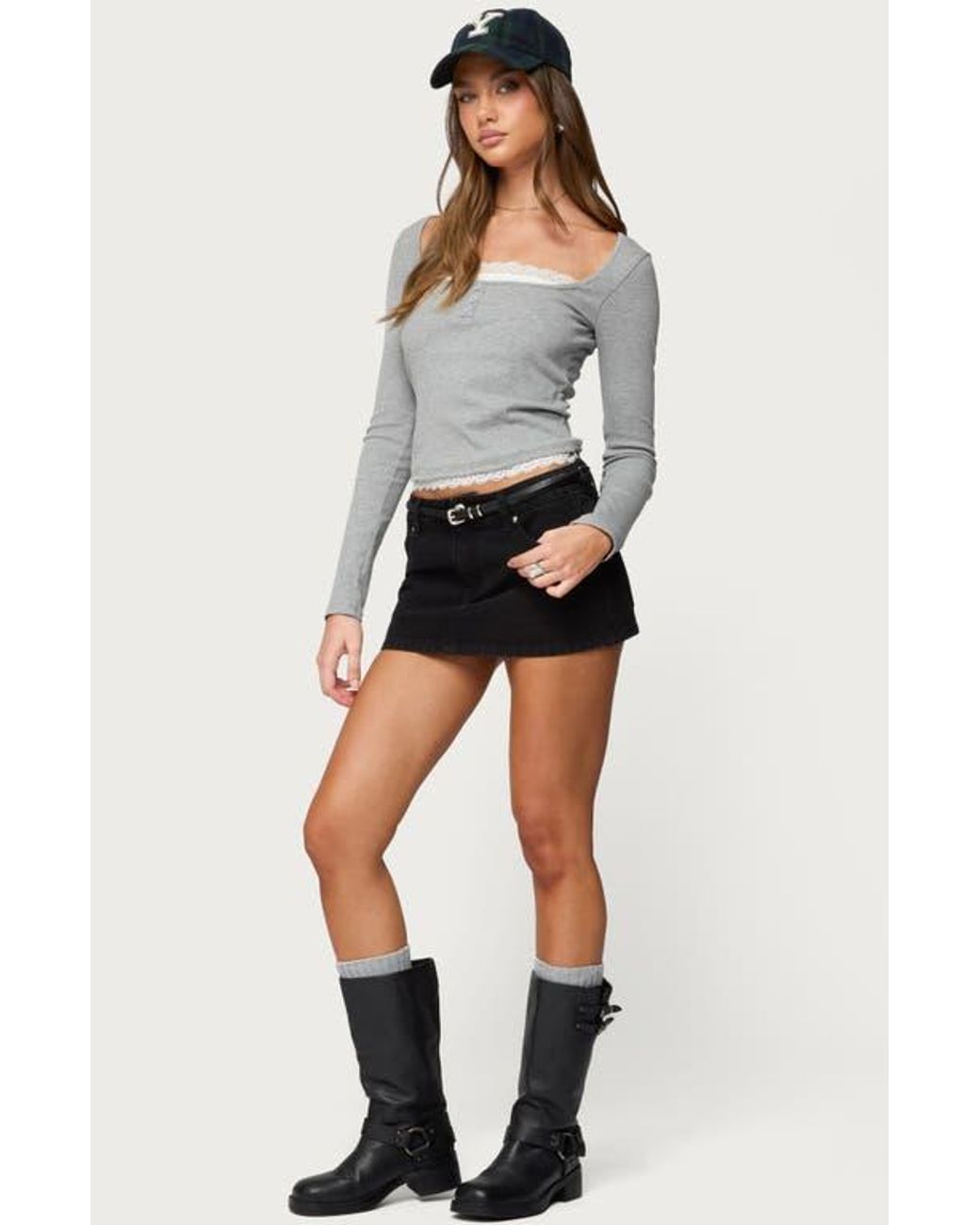 Edikted Joana Layered Lacy Henley Top in Gray | Lyst