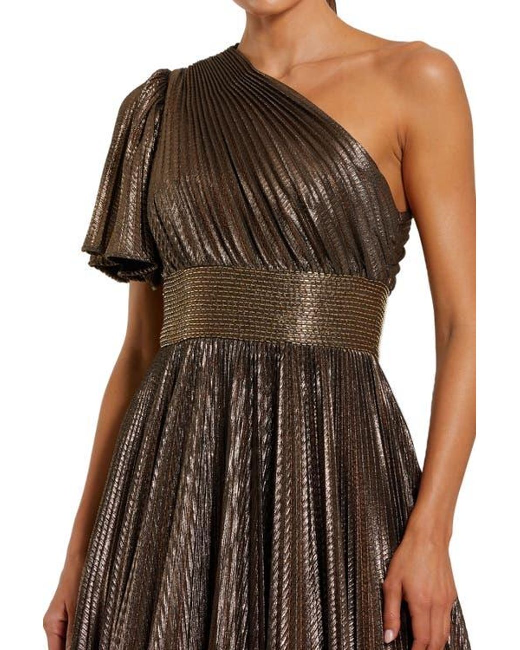 Mac Duggal One Shoulder Pleated Metallic Ballgown in Brown | Lyst
