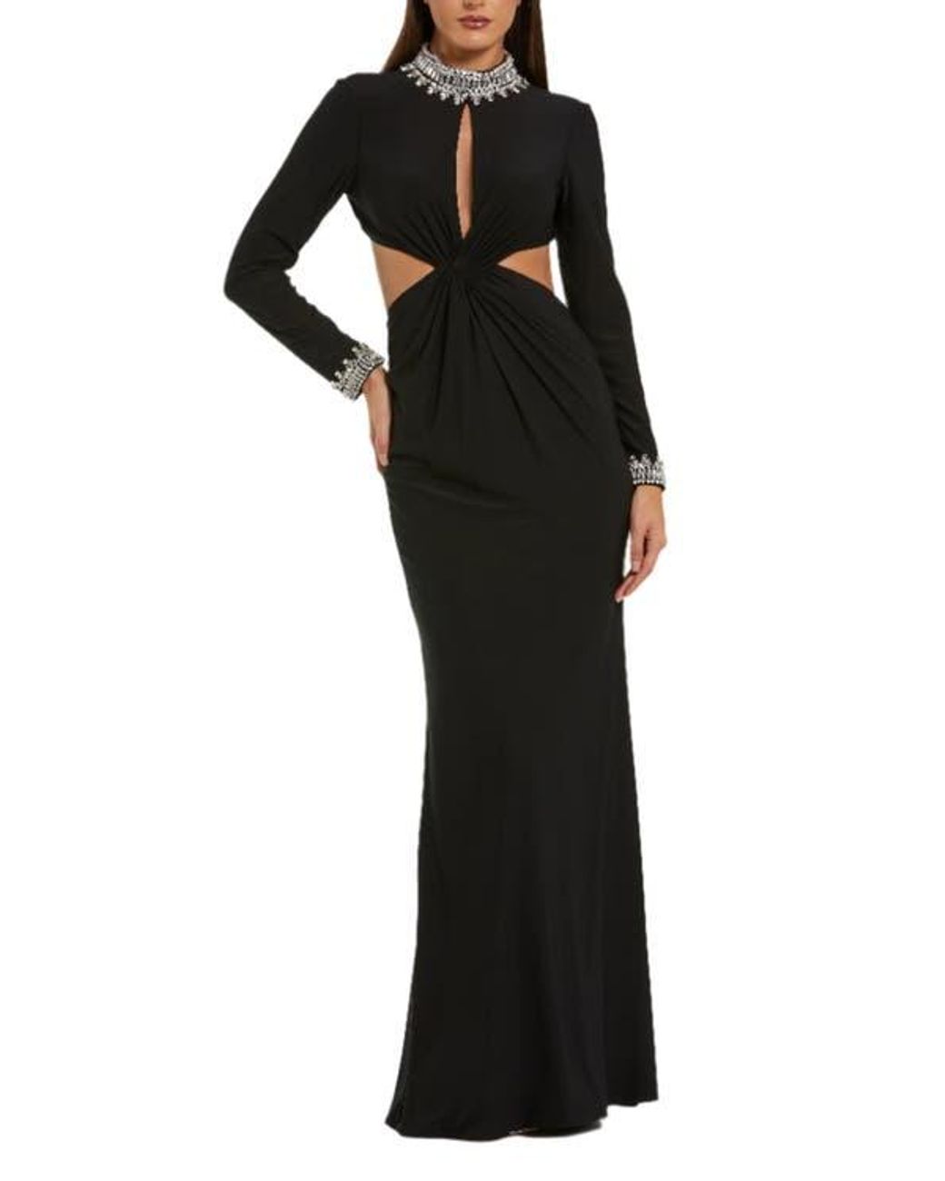 Mac Duggal Embellished Jersey Long Sleeve Cut Out Evening Gown in Black ...
