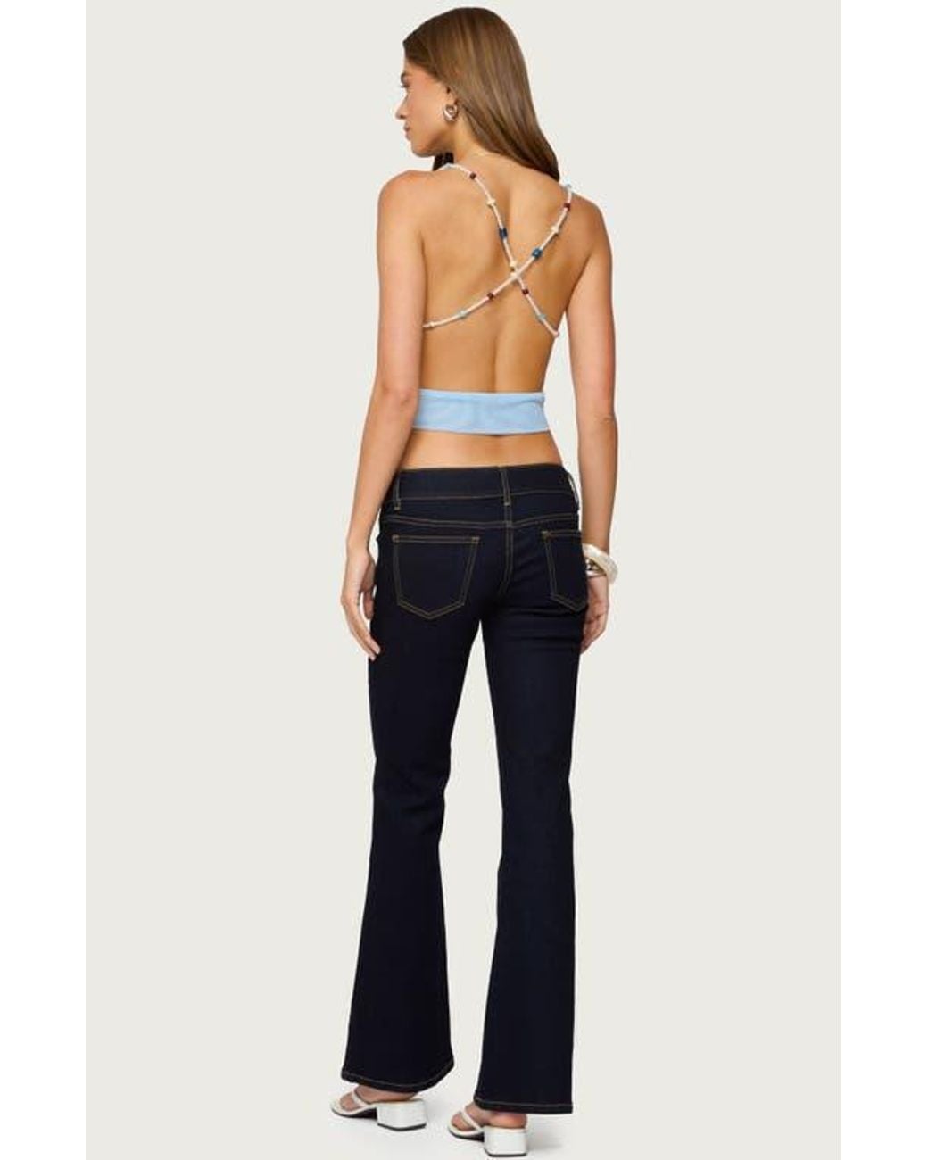 Edikted Beaded Cowl Neck Backless Crop Top in Blue | Lyst