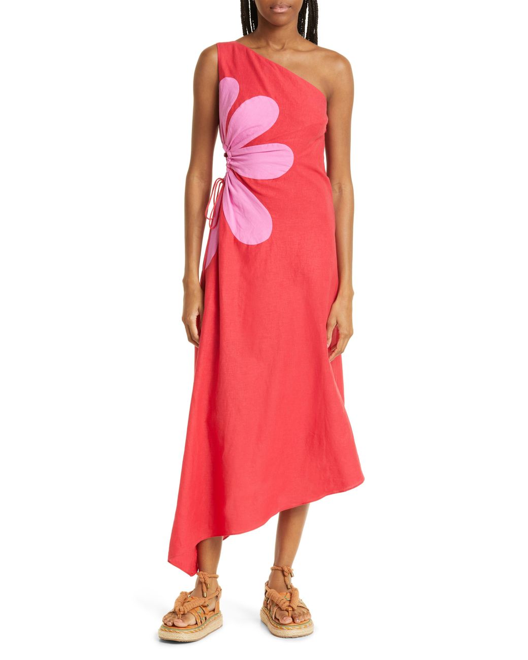 FARM Rio Cutout One-shoulder Bead-embellished Linen-blend Midi Dress in Red | Lyst