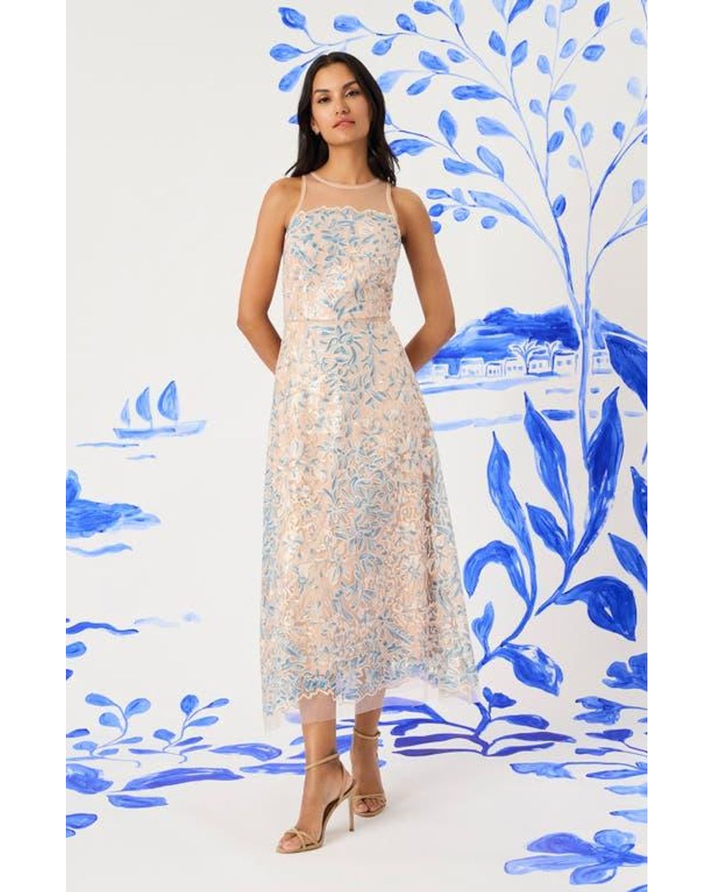 Maggy London Mesh Illusion Gem Gown in Natural | Lyst