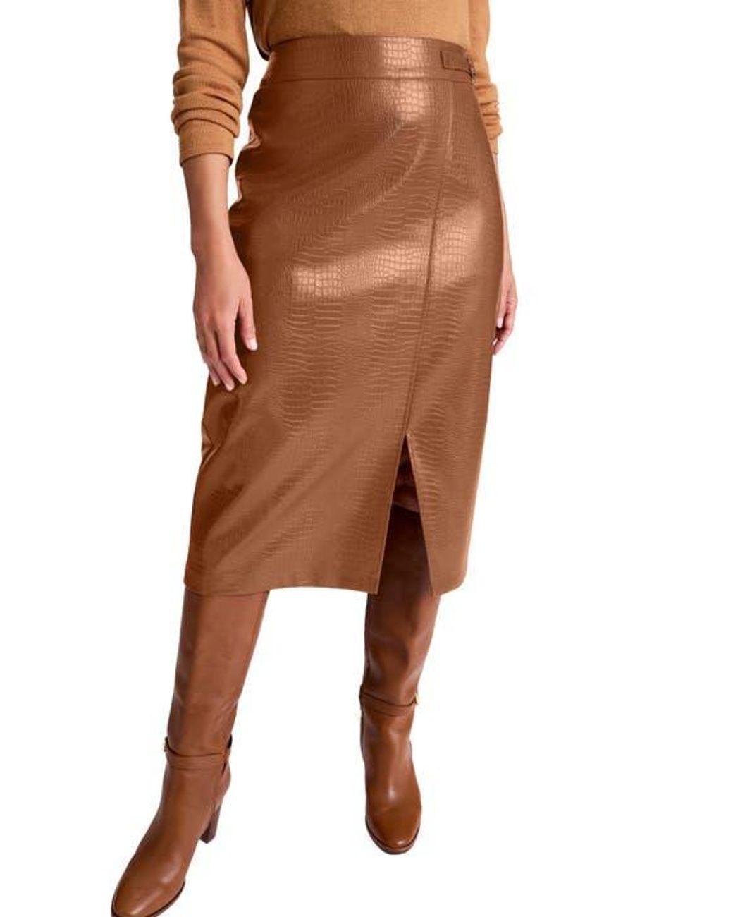 Jessica London Faux Leather Croc Wrap Skirt in Brown | Lyst