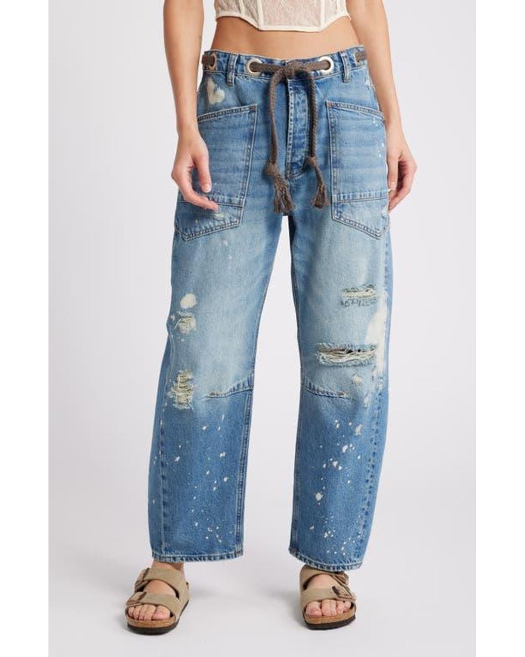 Free People We The Free Moxie Barrel Paint Splatter Jeans in Blue | Lyst