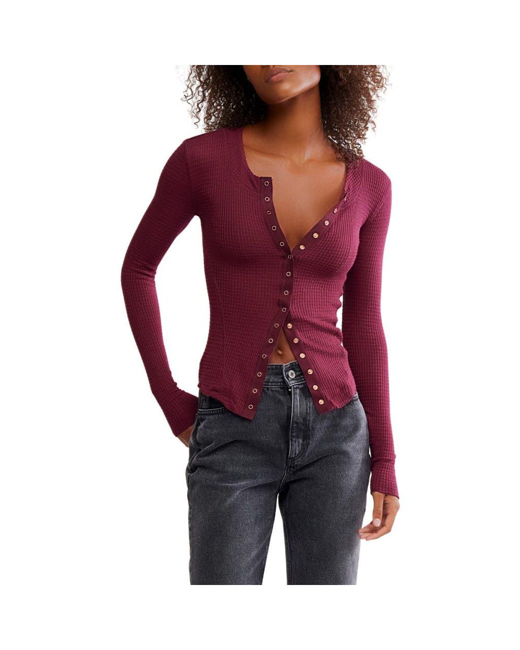 Free People Going Places Pointelle Stitch Snap Front Top in Red | Lyst