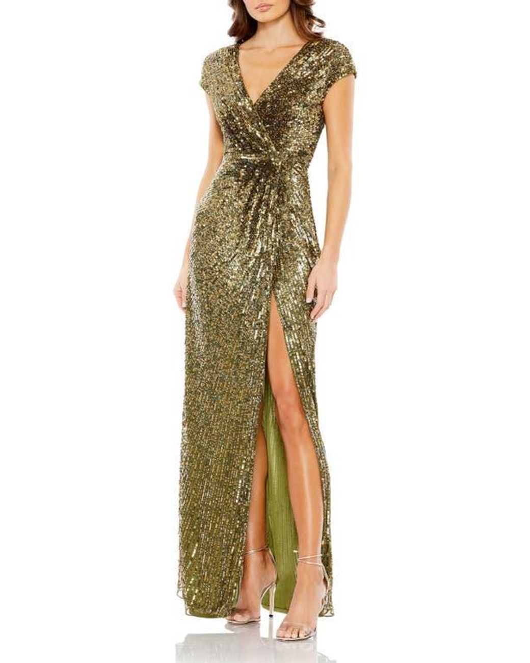 Mac Duggal Sequined Faux Wrap Cap Sleeve Gown in Metallic | Lyst