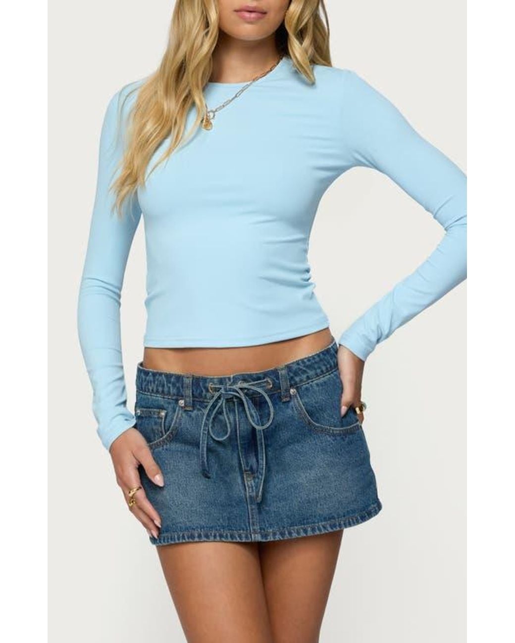 Edikted Tay Long Sleeve Crop Top in Blue | Lyst