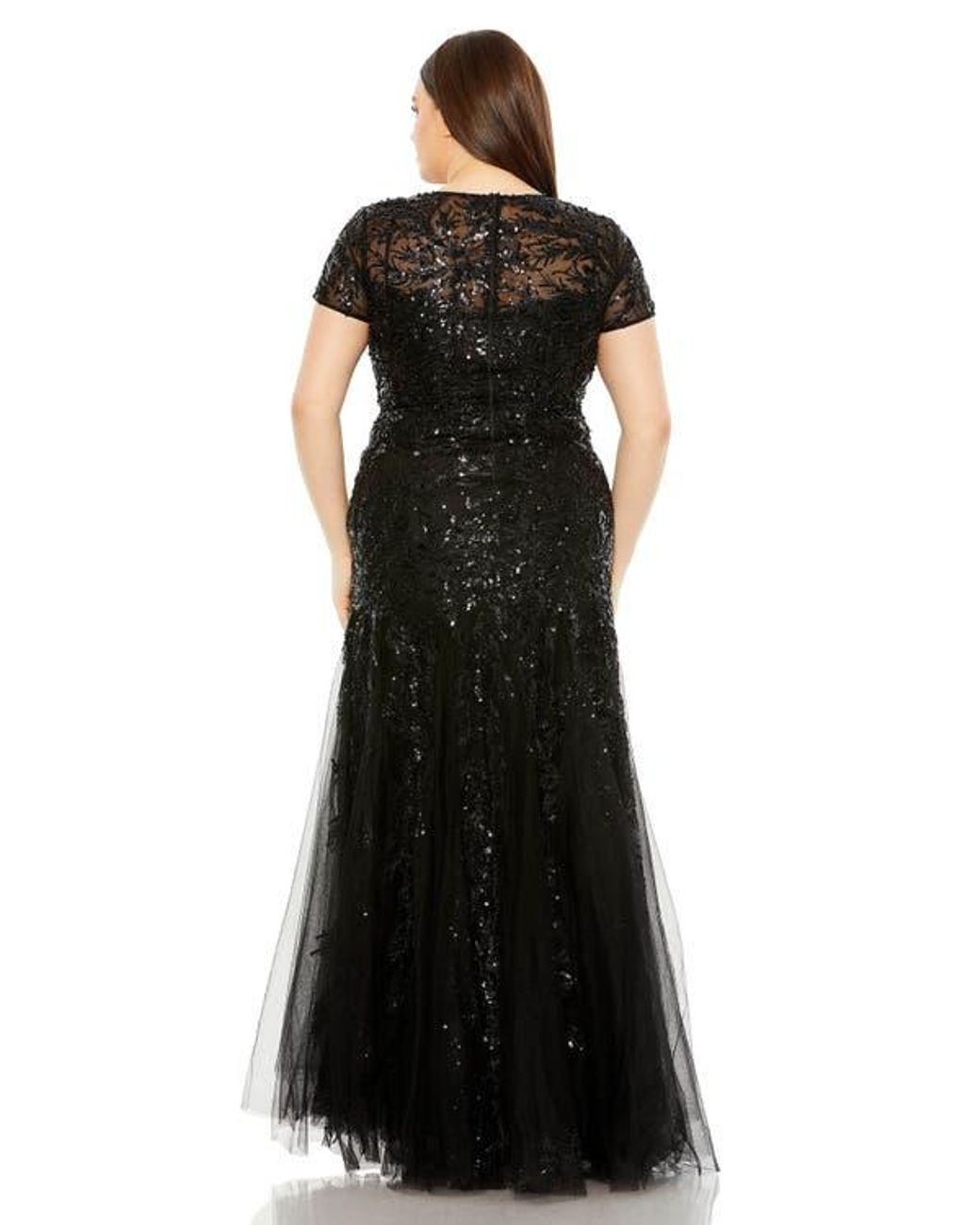 Mac Duggal Hand Embellished Mesh Overlay Short Sleeve Applique Gown in ...
