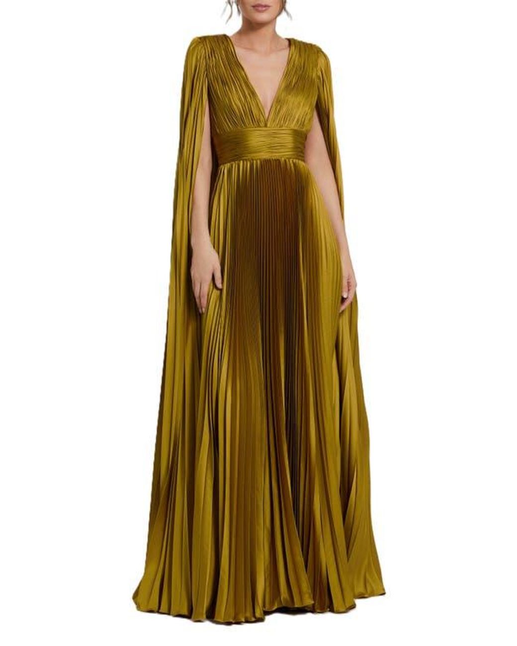 Mac Duggal Pleated Charmeuse V Neck Gown With Cape in Metallic | Lyst