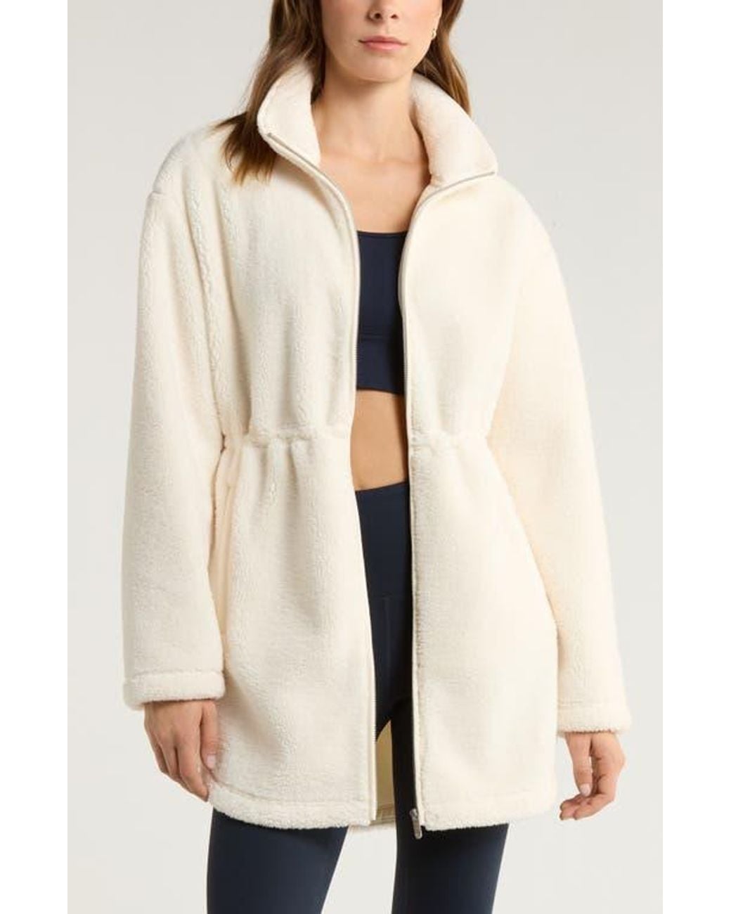 Zella Faux Shearling Longline Jacket in Natural | Lyst
