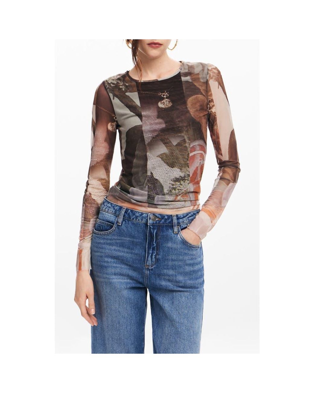 Desigual Carson Print Mesh Long Sleeve Top in Blue | Lyst