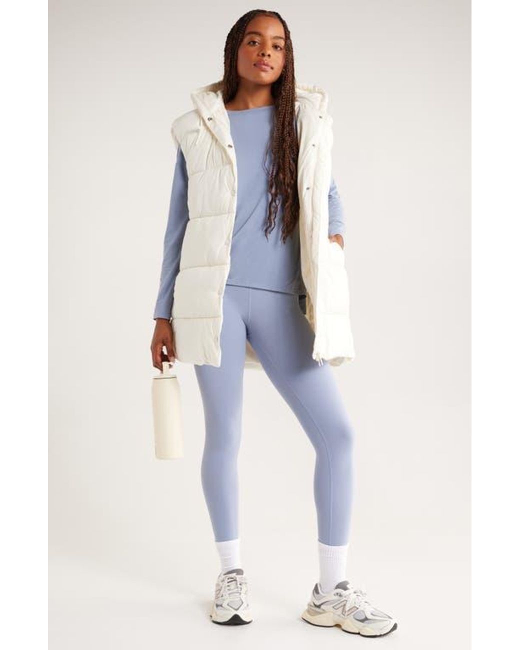 Zella Longline Hooded Puffer Vest in Blue | Lyst