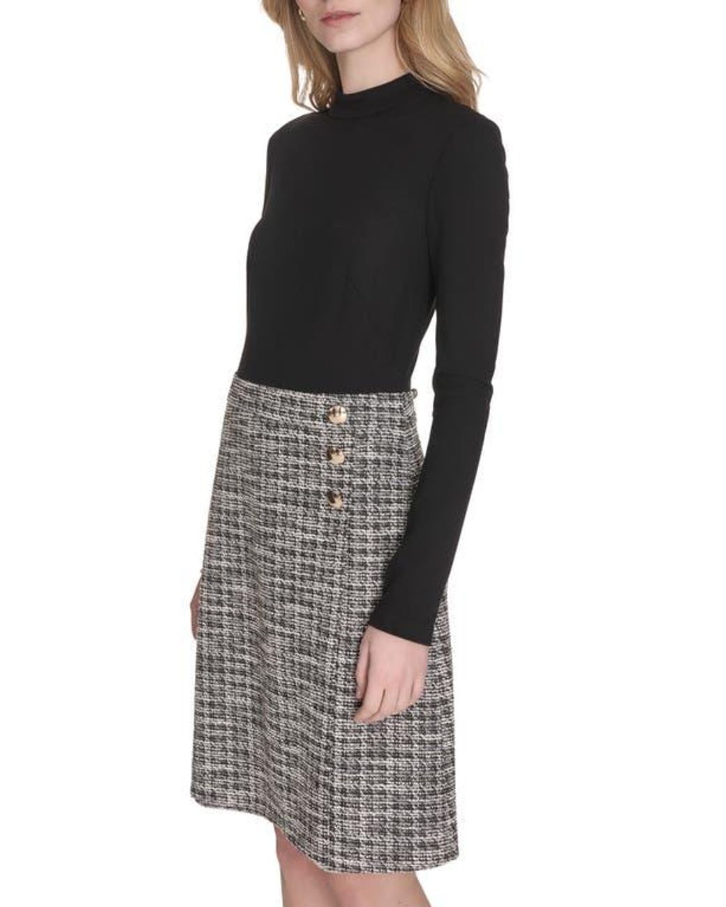 Eliza J Mock Neck Long Sleeve Mixed Media Dress in Black | Lyst