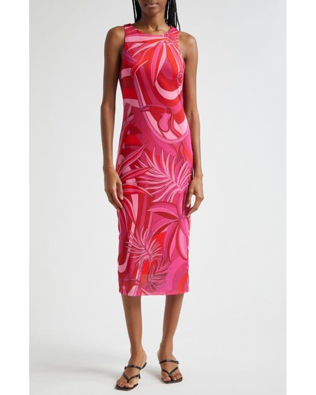 FARM Rio Endless Floral Stretch Tulle Midi Dress in Red | Lyst