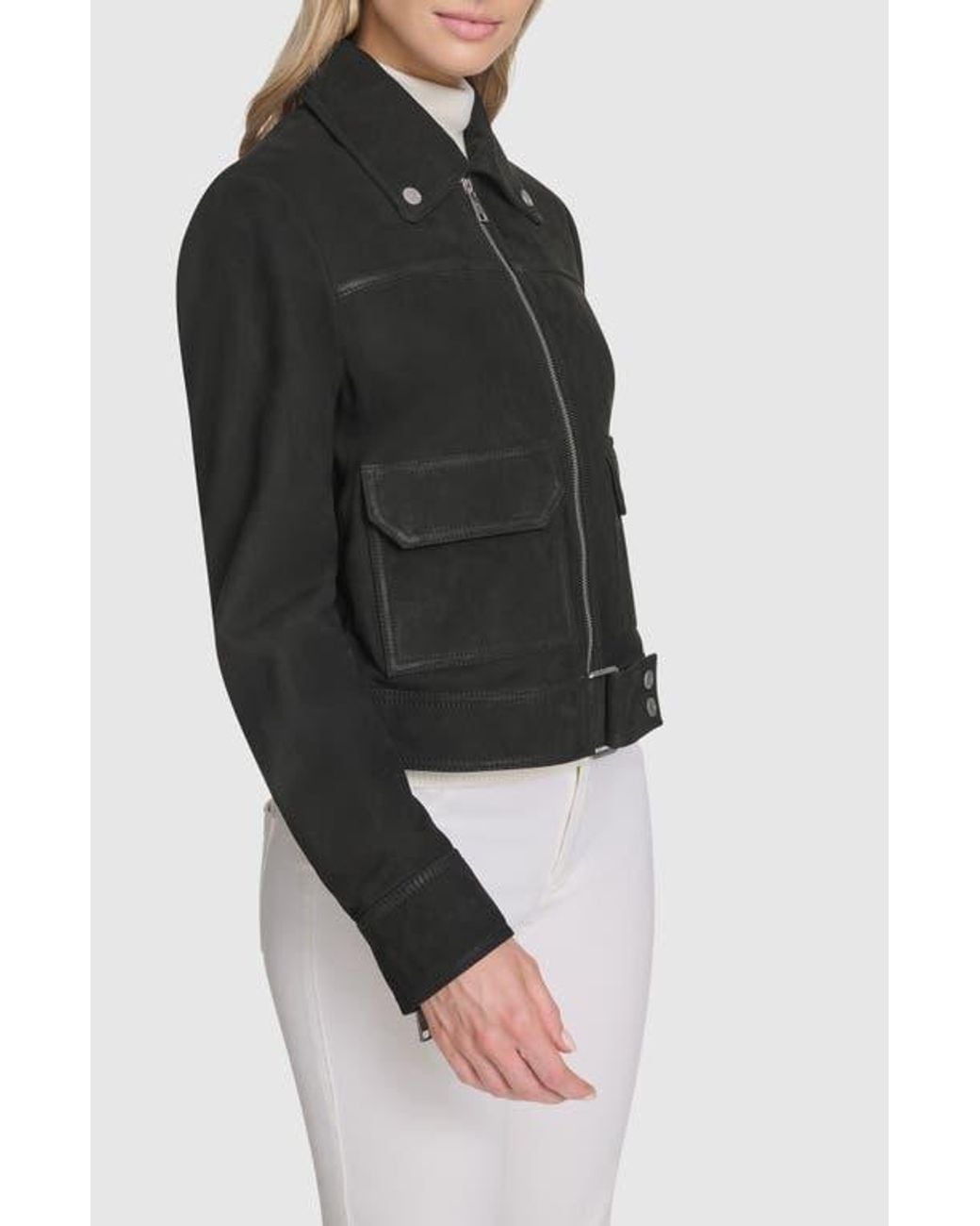 Andrew Marc Luneta Suede Trucker Jacket in Black | Lyst
