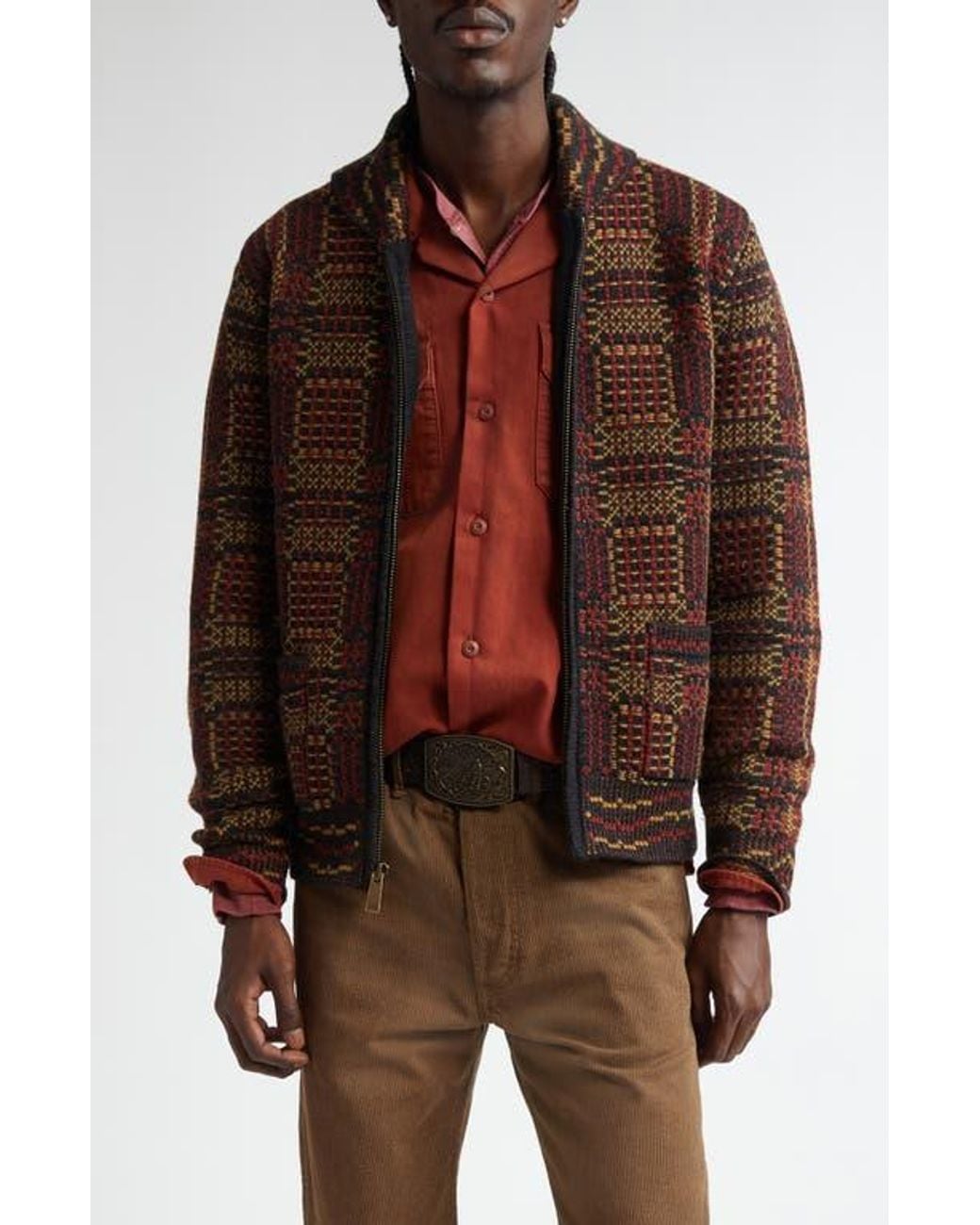 Ralph Lauren Plaid Shawl Collar Wool Jacquard Cardigan in Brown for Men ...